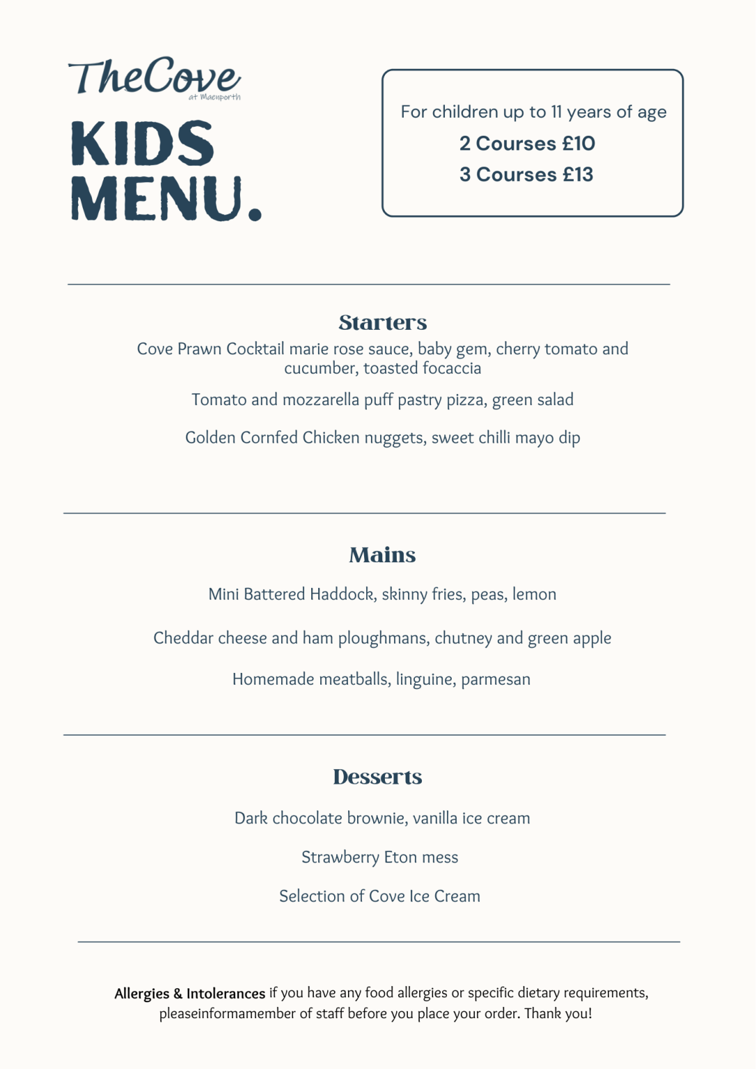 Menus – The Cove at Maenporth