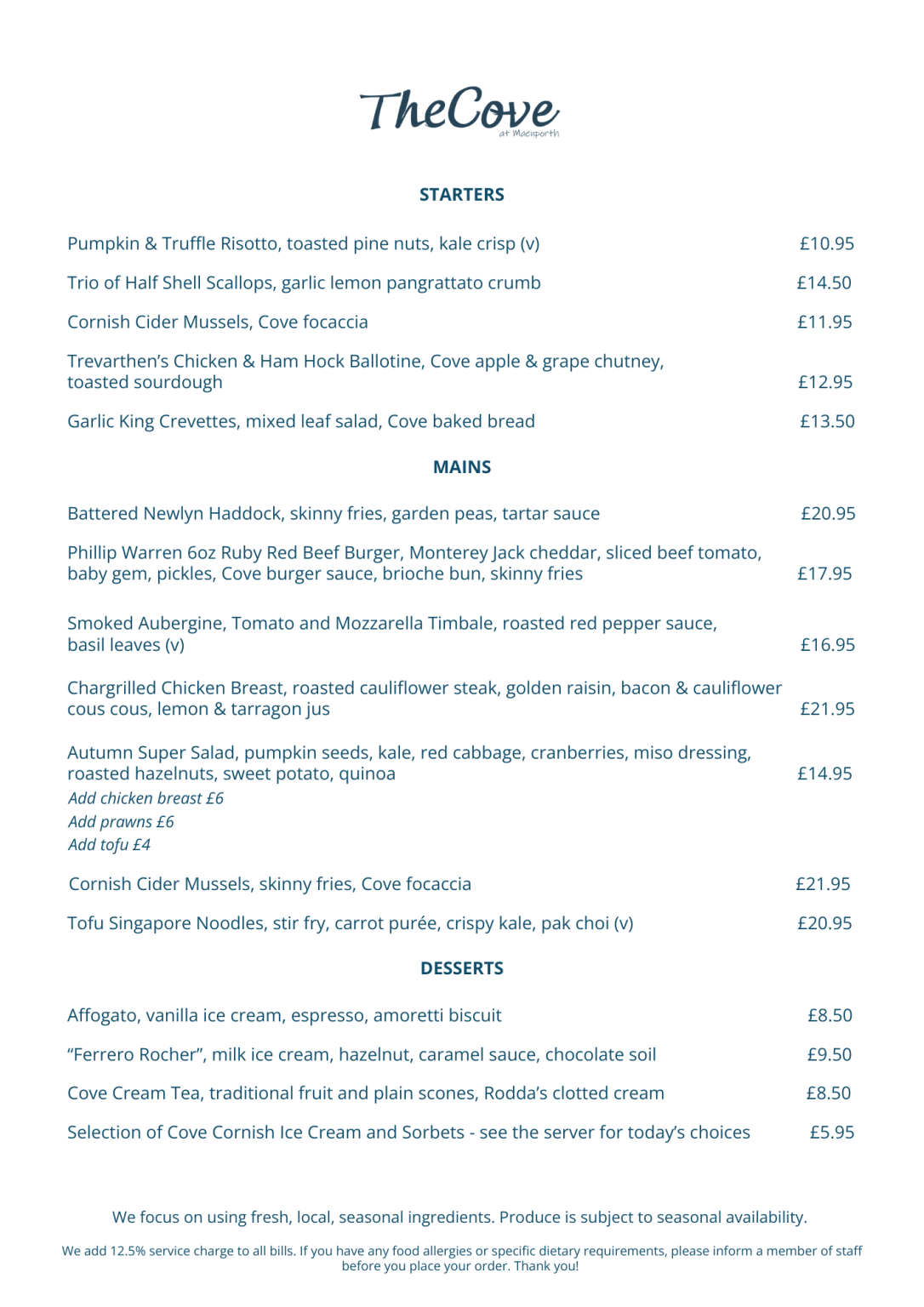 Menus – The Cove at Maenporth