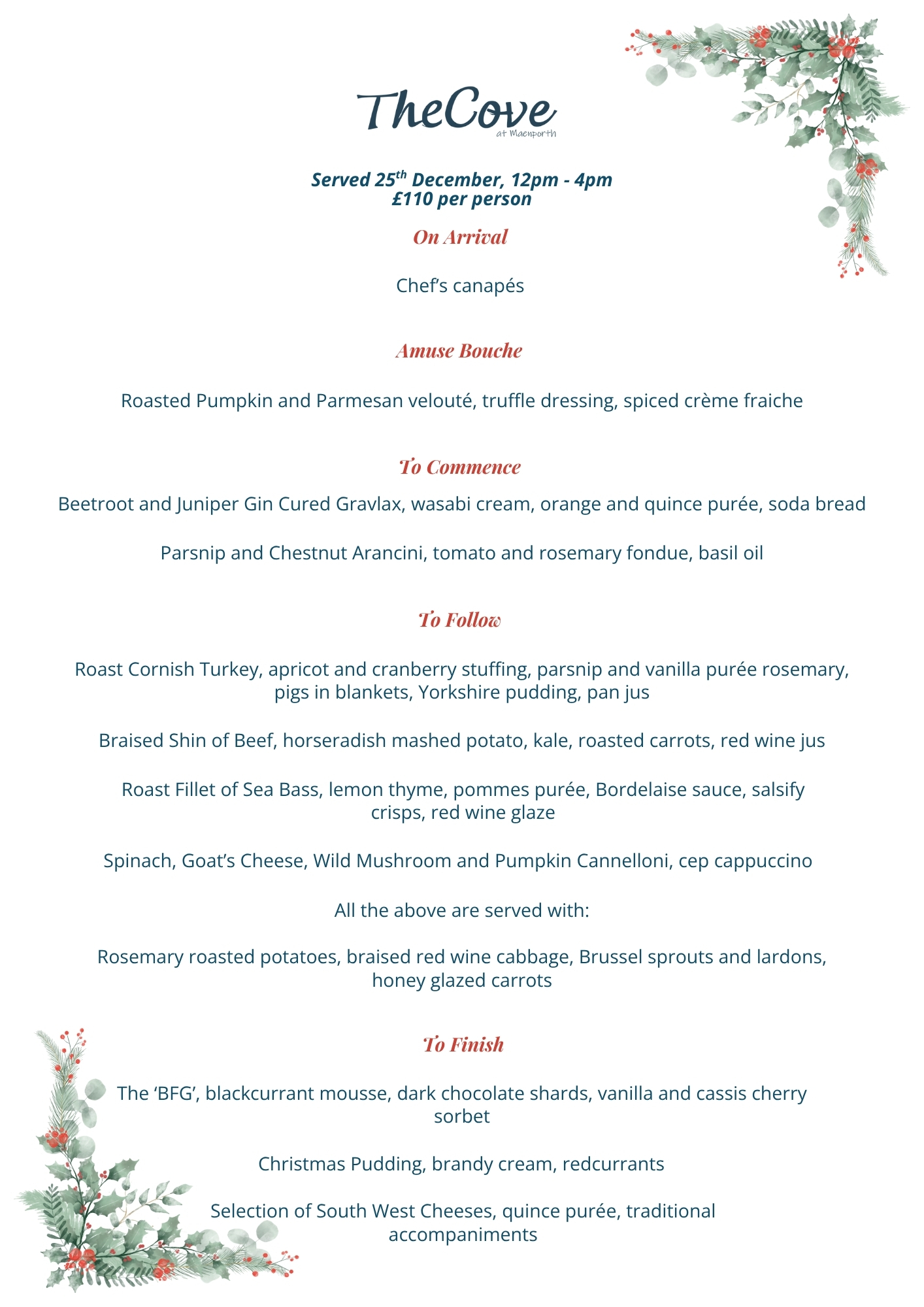 Menus – The Cove at Maenporth