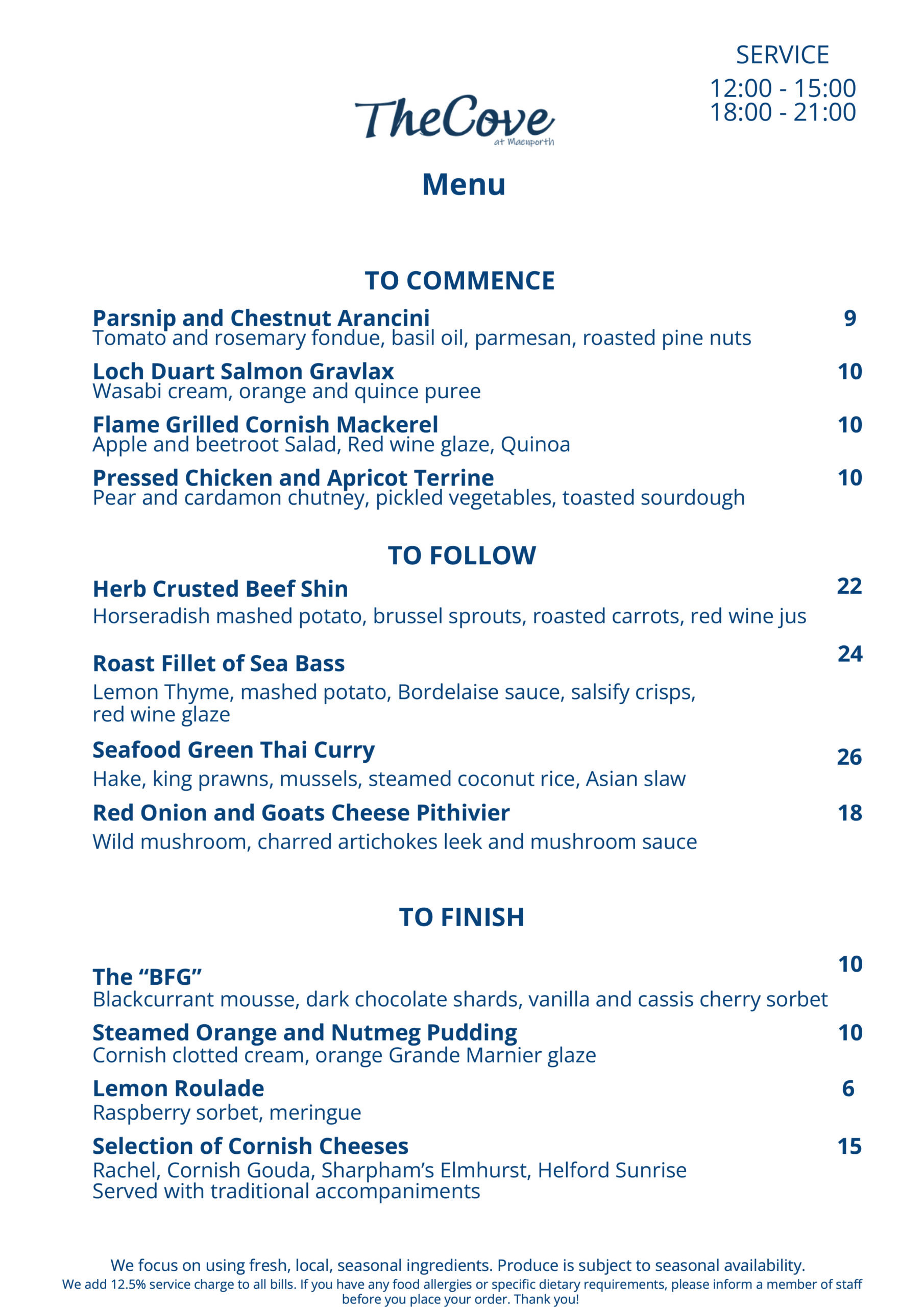 Menus – The Cove at Maenporth